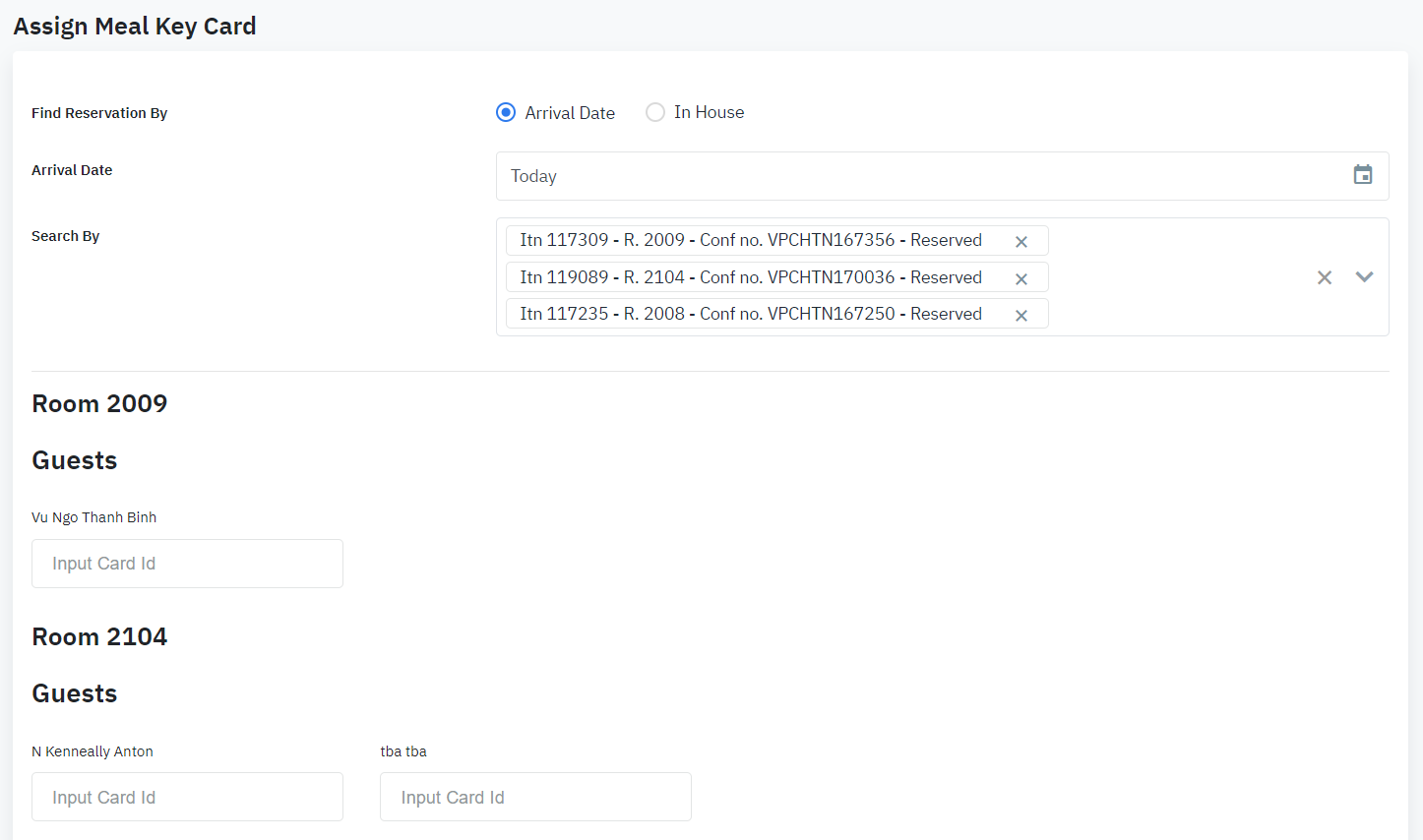 Assign Meal Key Card/กำหนดคีย์การ์ดอาหารให้กับลูกค้า