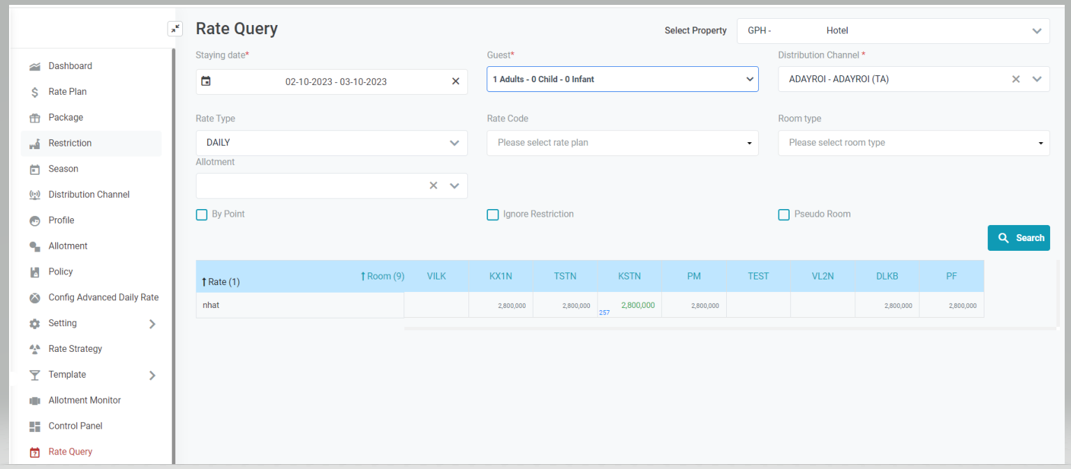 Công cụ truy vấn giá theo từng loại phòng và từng mã giá của các DC (Rate Query)